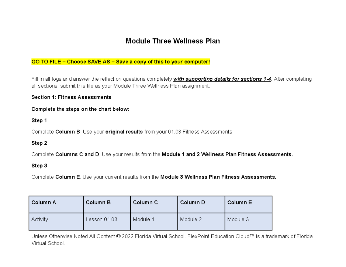 Module 3 wellness plan - Module Three Wellness Plan GO TO FILE – Choose ...