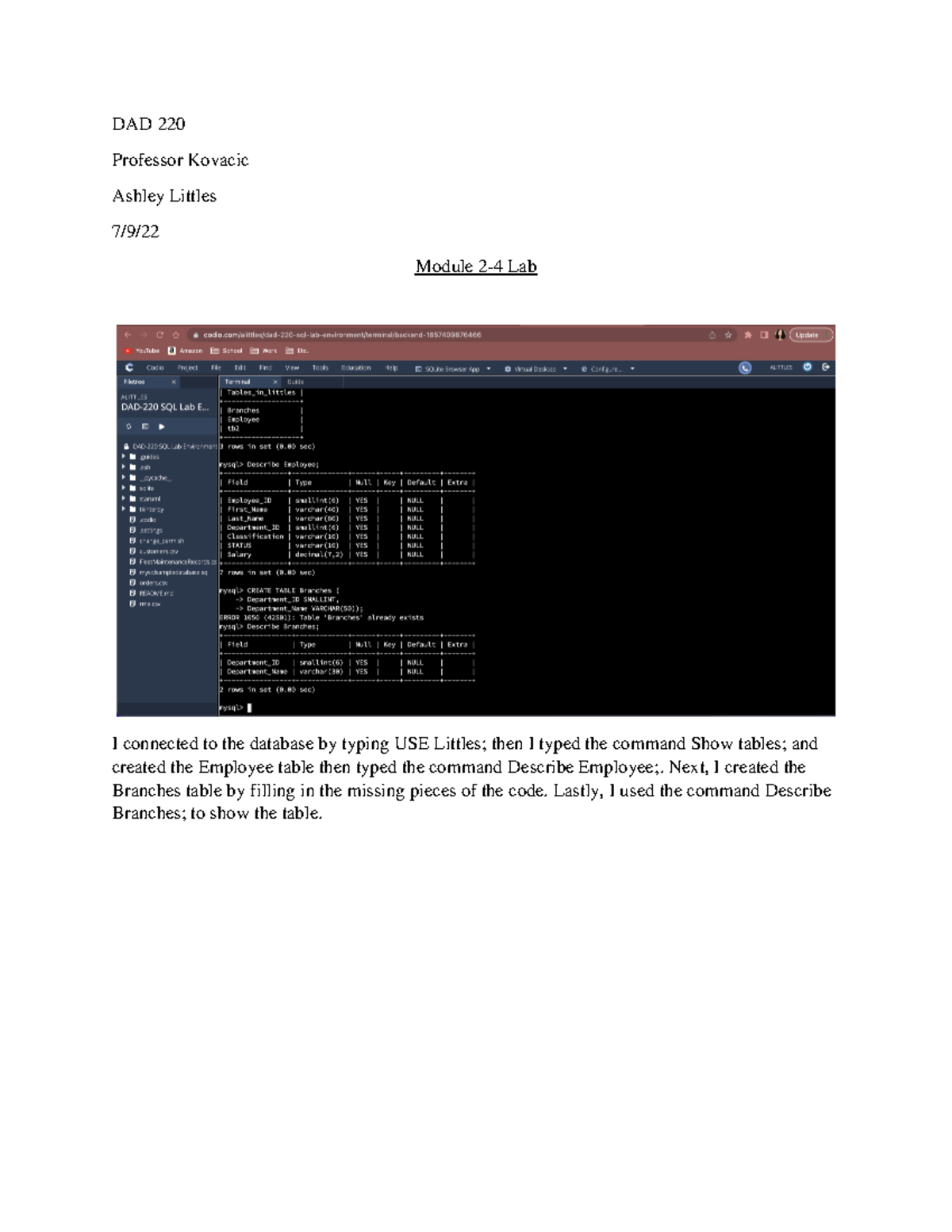 2 1 Lab Updating Tables Littles Dad 220 Professor Kovacic Ashley Littles 7 9 Module 2 4 Lab I