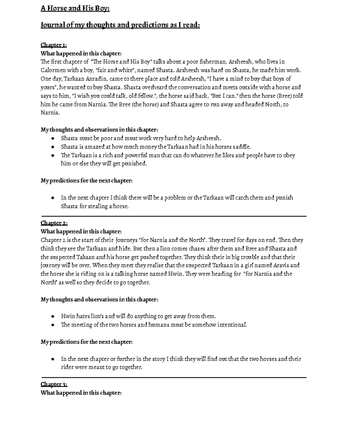 A Horse and His Boy - Yr 10 work - A Horse and His Boy: Journal of my ...
