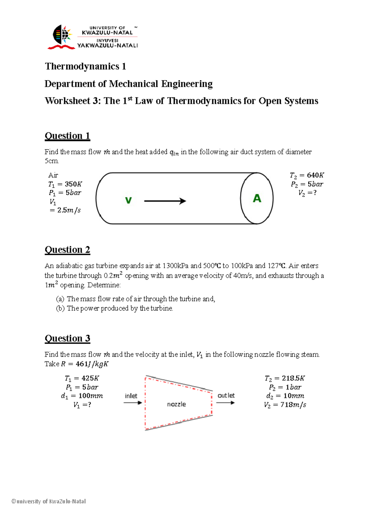 Worksheet 3 - ©university of KwaZulu-Natal Thermodynamics 1 Department ...