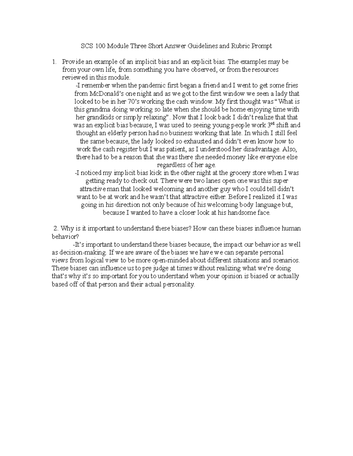 SCS 100 Module Three Short Answer Guidelines and Rubric Prompt - The ...
