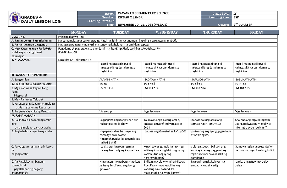 DLL ESP 4 Q2 W3 - NONE - GRADES 4 DAILY LESSON LOG School: CACAWAN ...