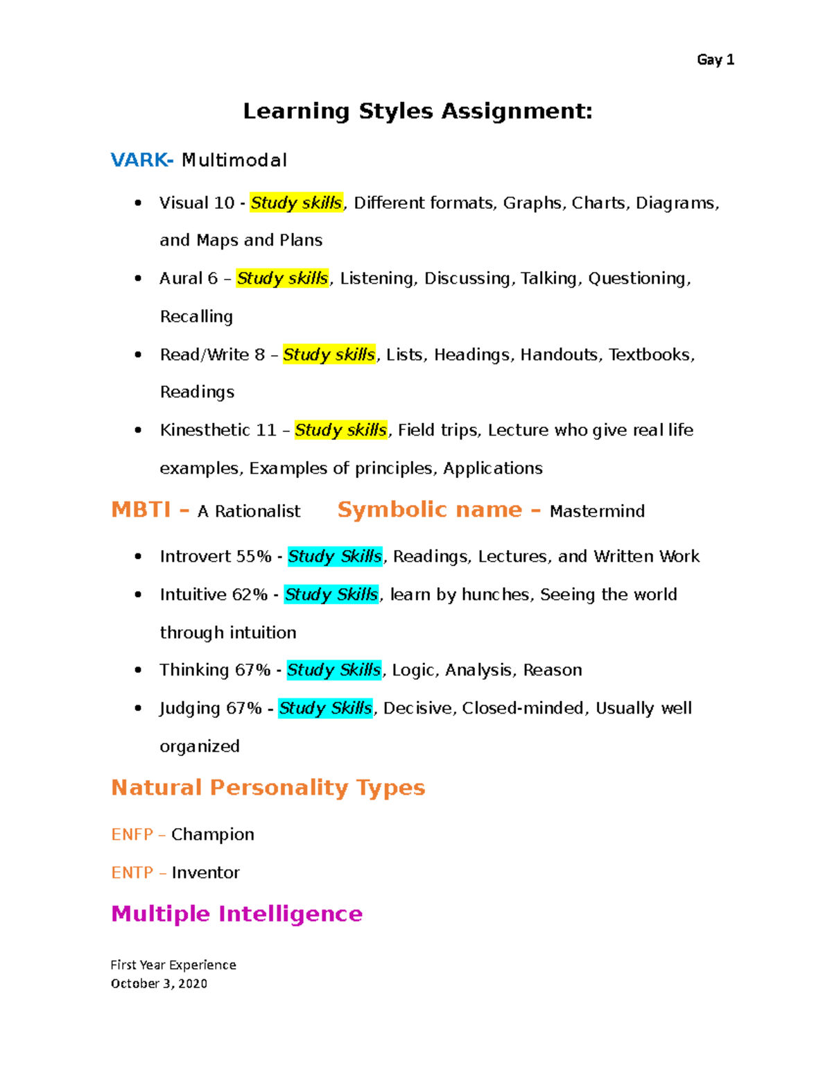 Learning Styles Assignment Gay 1 Learning Styles Assignment Vark Multimodal Visual 10