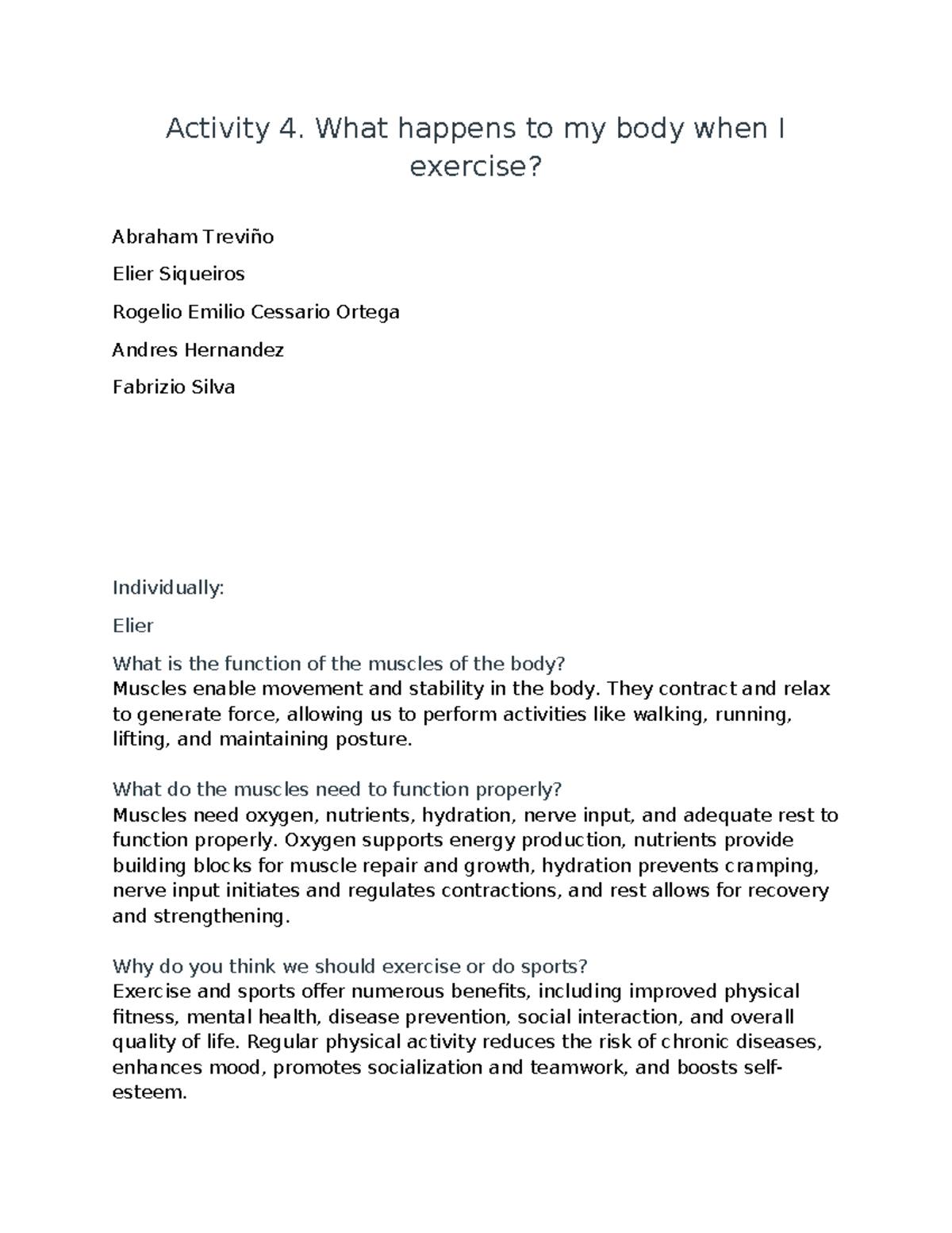 Act 4 human body - Activity 4. What happens to my body when I exercise ...