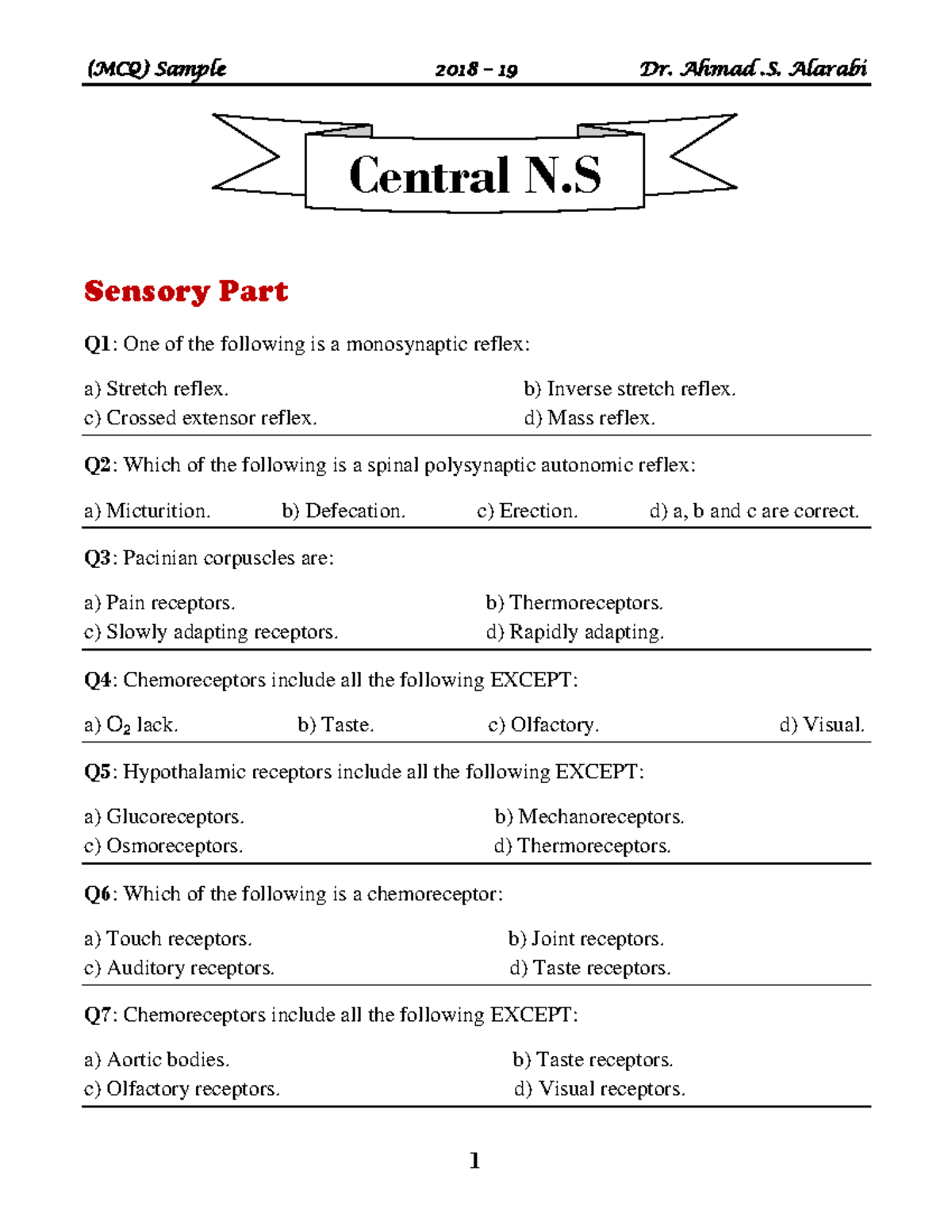 Physio sensory Multiple choice quetions - Sensory Part Q 1 : One of the ...