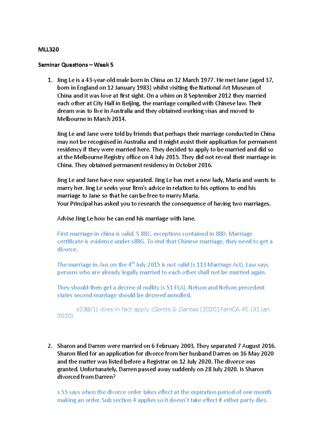 Revision Ques. Family Law - MLL Seminar Questions – Week 5 Jing Le is a ...