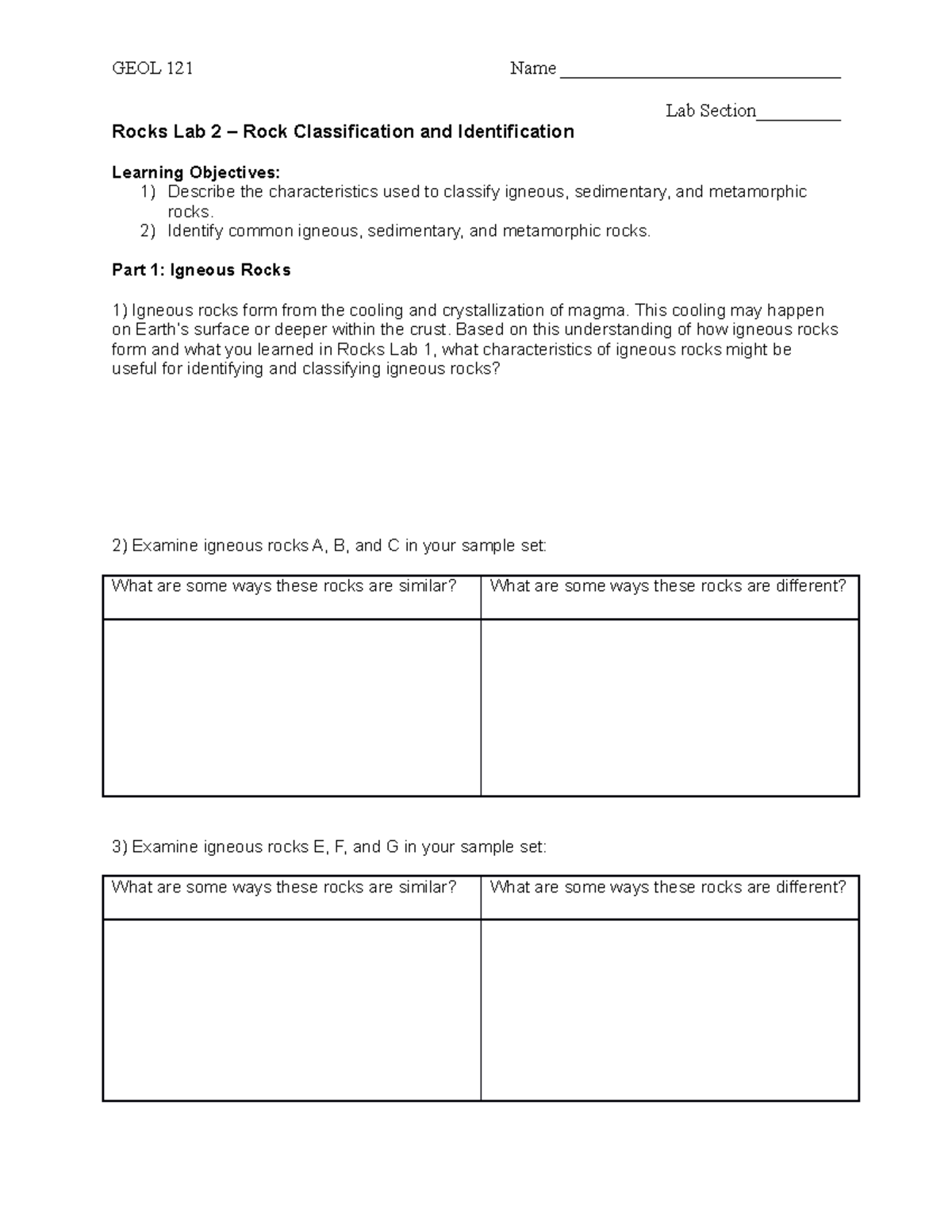 Rocks Lab 2 - Student Handout - GEOL 121 Name ...