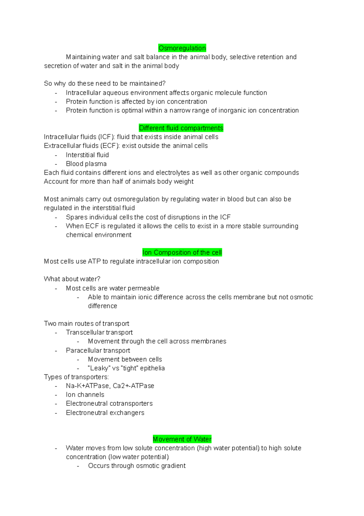 BIO 224 Final Notes - Osmoregulation Maintaining water and salt balance ...