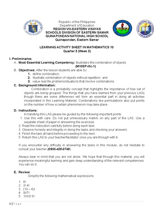 LAS week 5 - Learning Activity Sheet for Mathematics 10 Quarter 3 week ...