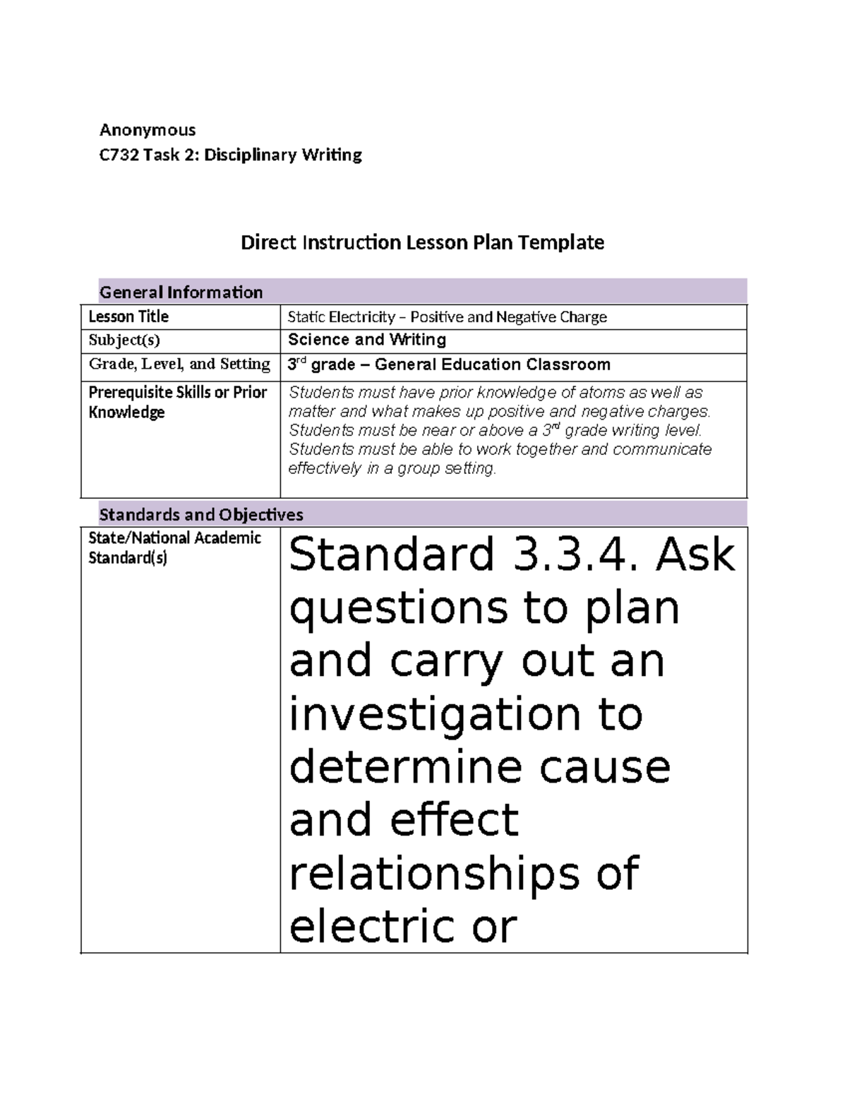 C732 Elementary Discipliary Literacy Direct Instruction Lesson Plan ...
