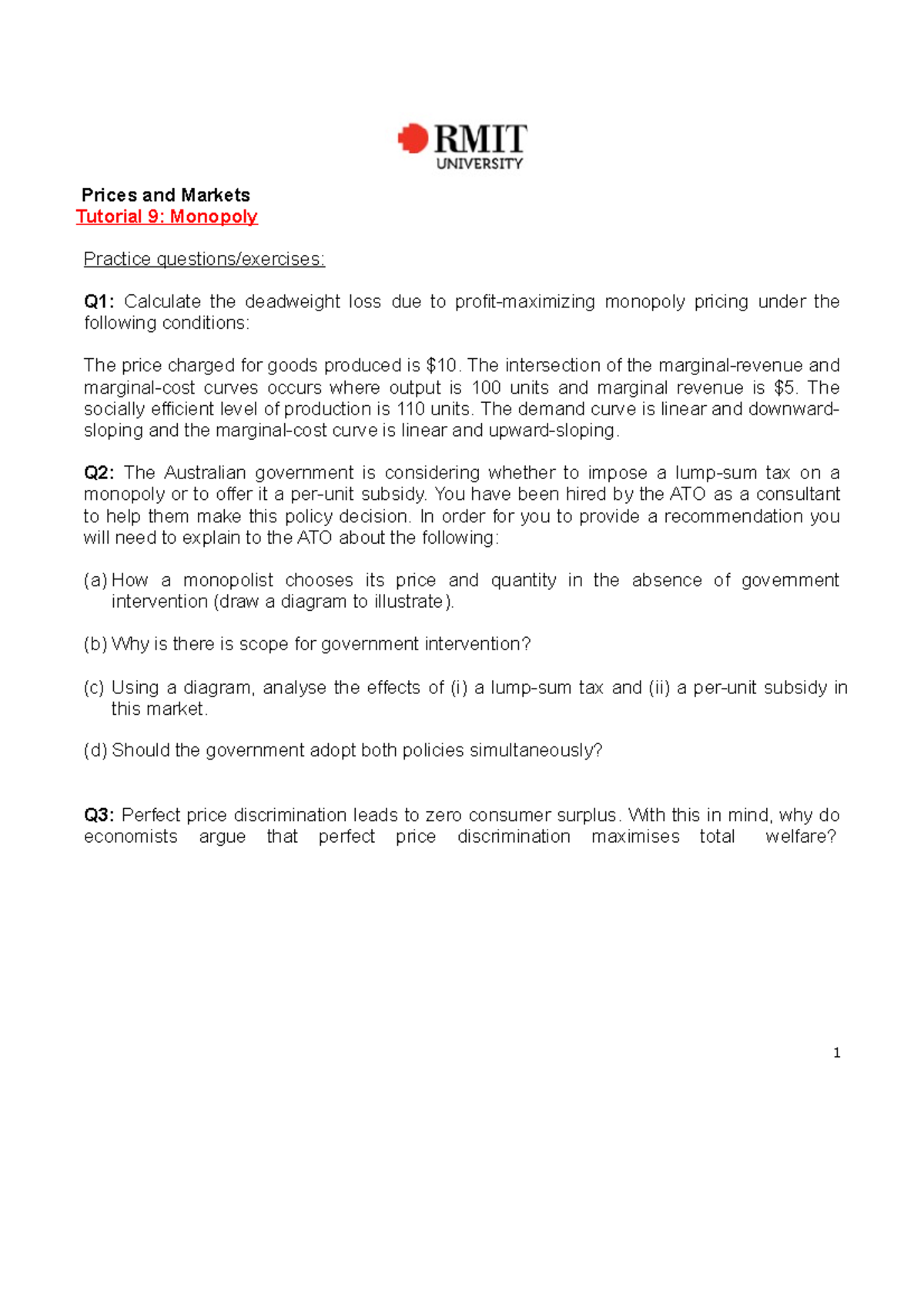 Monopoly tut - Prices and Markets Tutorial 9: Monopoly Practice ...