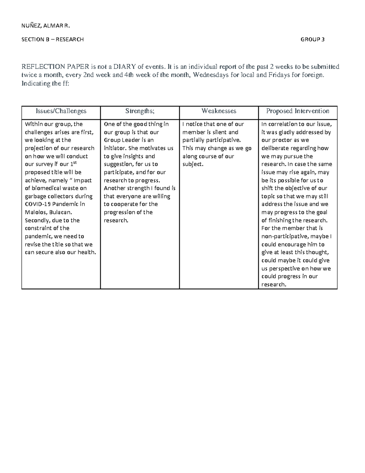 Reflection Paper for Question 1 - NUÑEZ, ALMAR R. SECTION B – RESEARCH ...