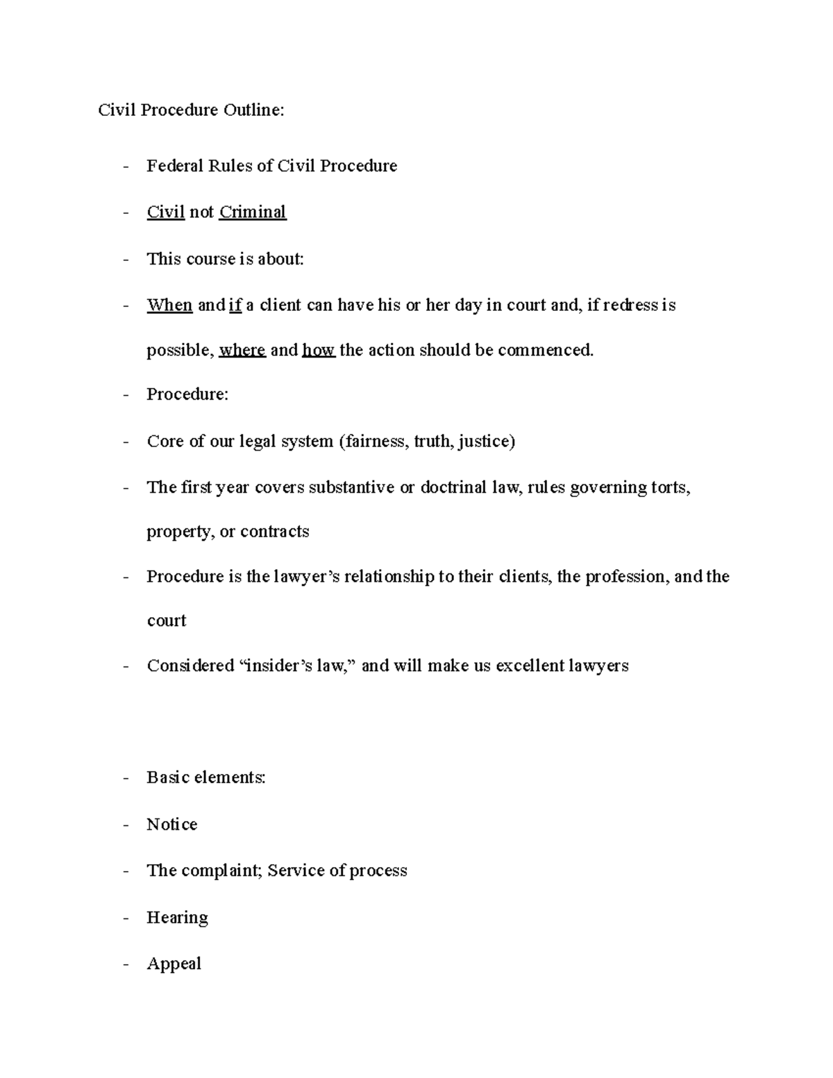 Civil Procedure Outline 1 - Civil Procedure Outline: Federal Rules of ...