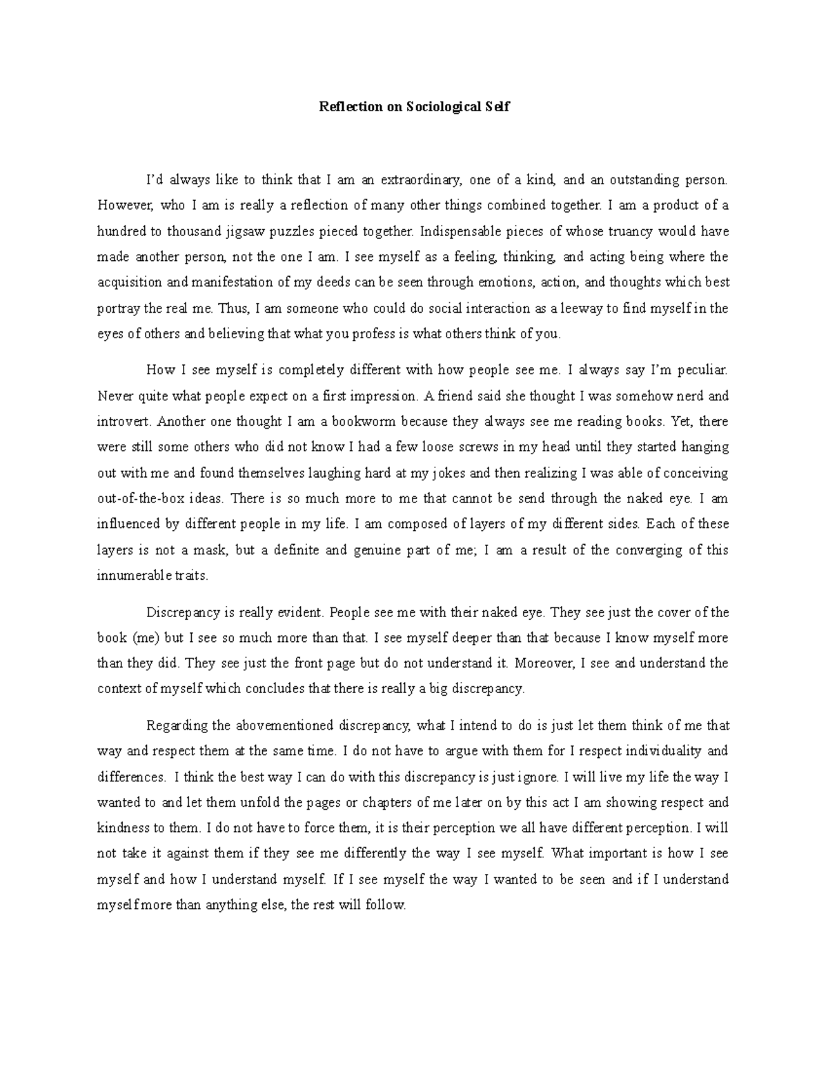 Reflection on Sociological Self - However, who I am is really a ...