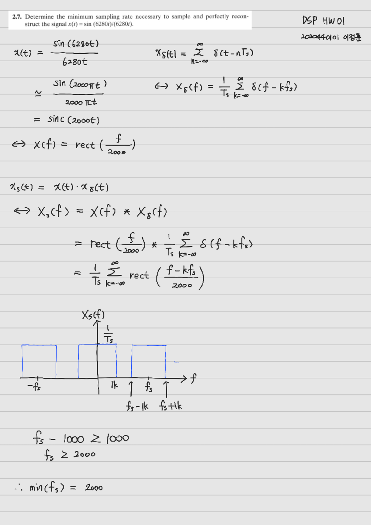DSP HW1 2020440101 이정훈 - homework1 - 2. Determine the minimum sampling rate necessary to sample ...