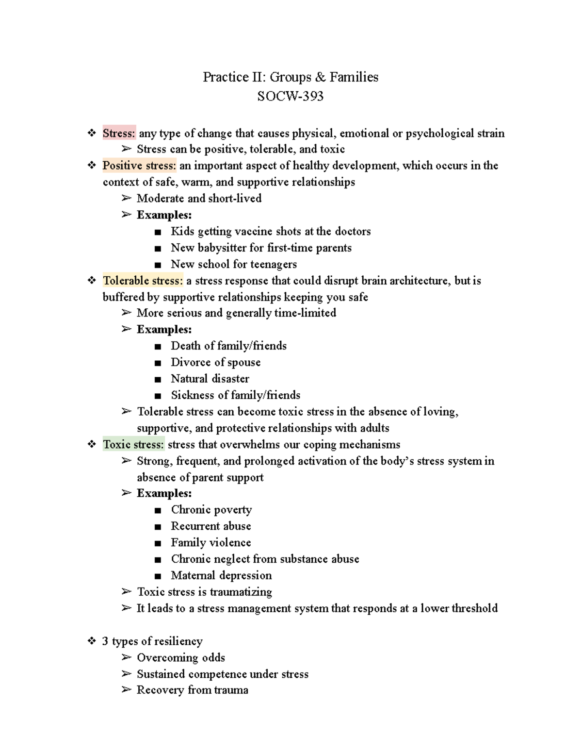SOCW-393 Notes: Resiliency - Practice II: Groups & Families SOCW ...