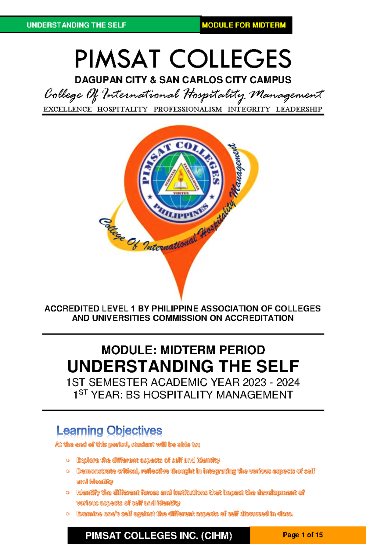 Understanding the Self Midterm - PIMSAT COLLEGES DAGUPAN CITY & SAN ...