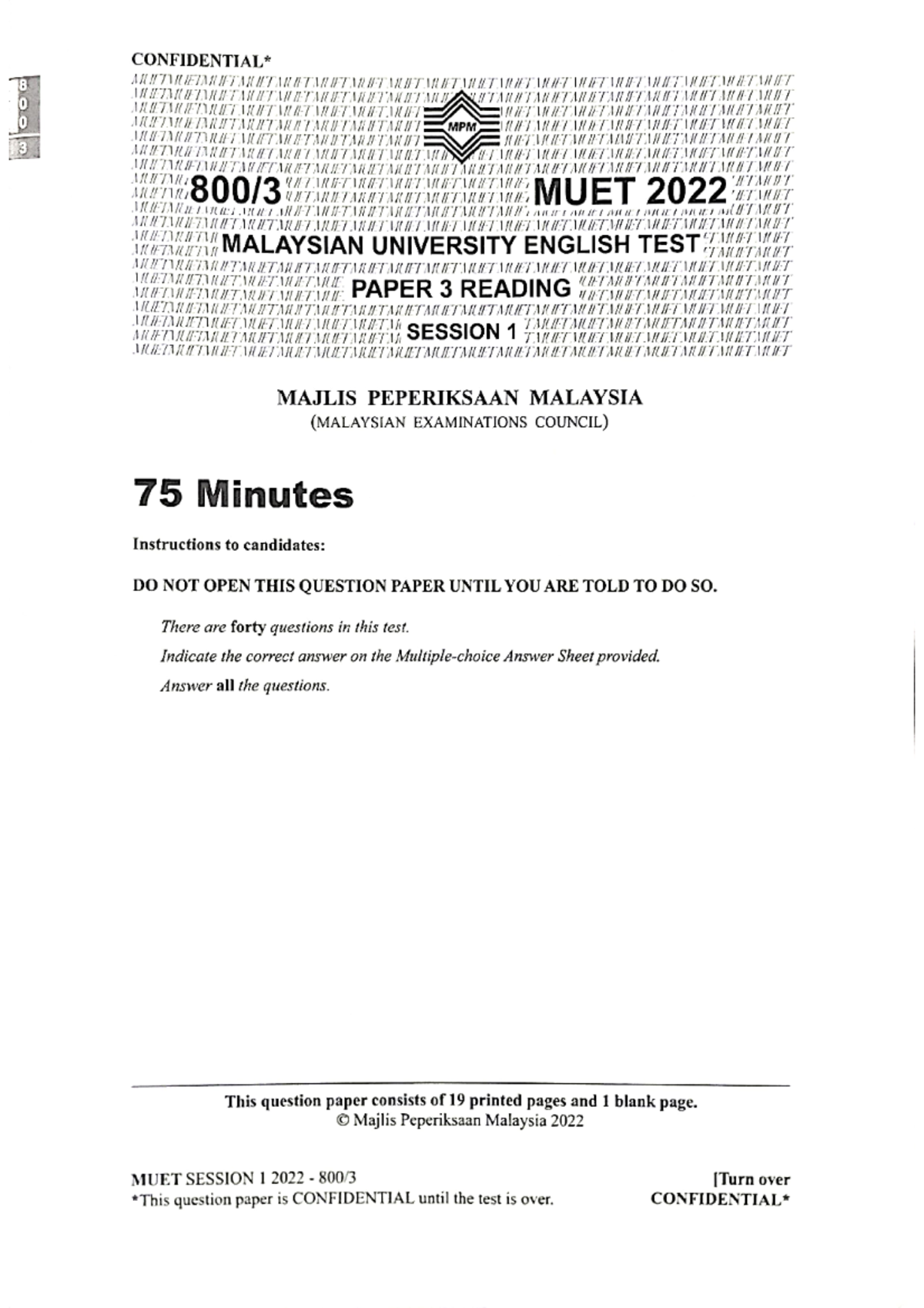 MUET Reading S1 2022 - muet past year - 8 0 0 MPM 3 MUET 2022 LIETMUET ...
