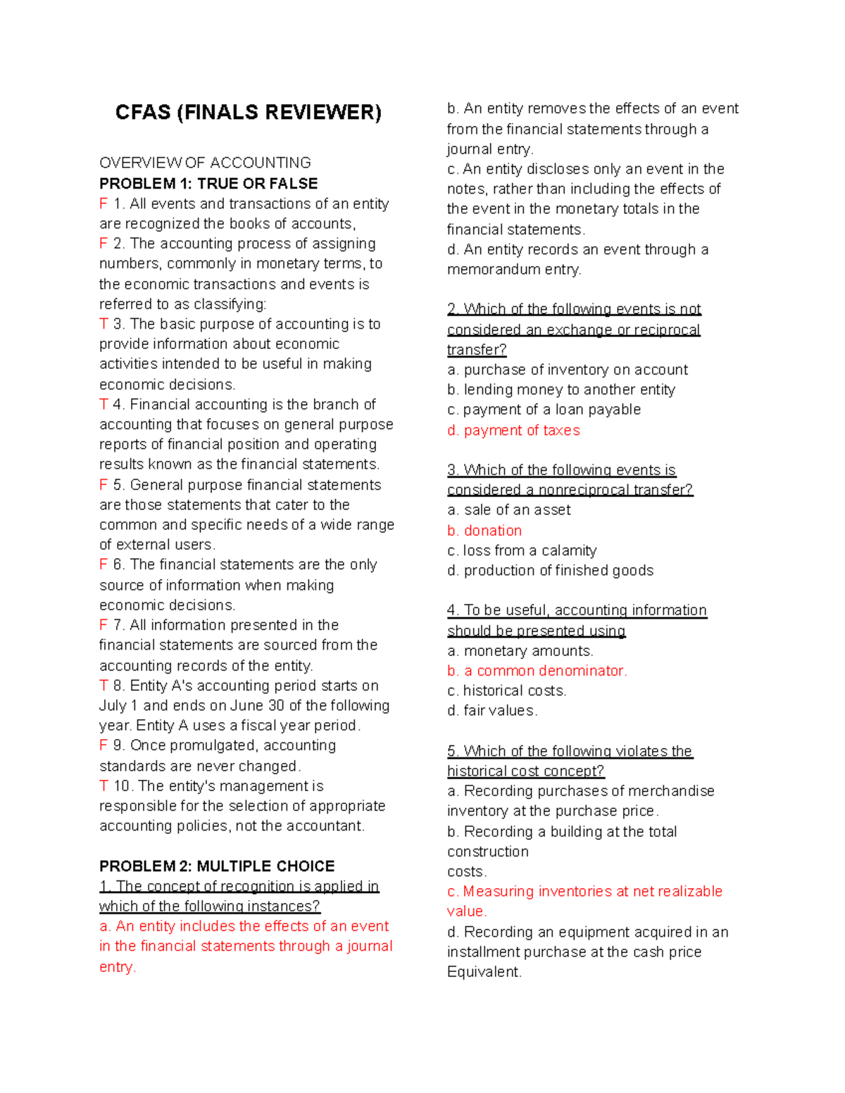 Cfas - CFAS (FINALS REVIEWER) OVERVIEW OF ACCOUNTING PROBLEM 1: TRUE OR FALSE F 1. All events ...