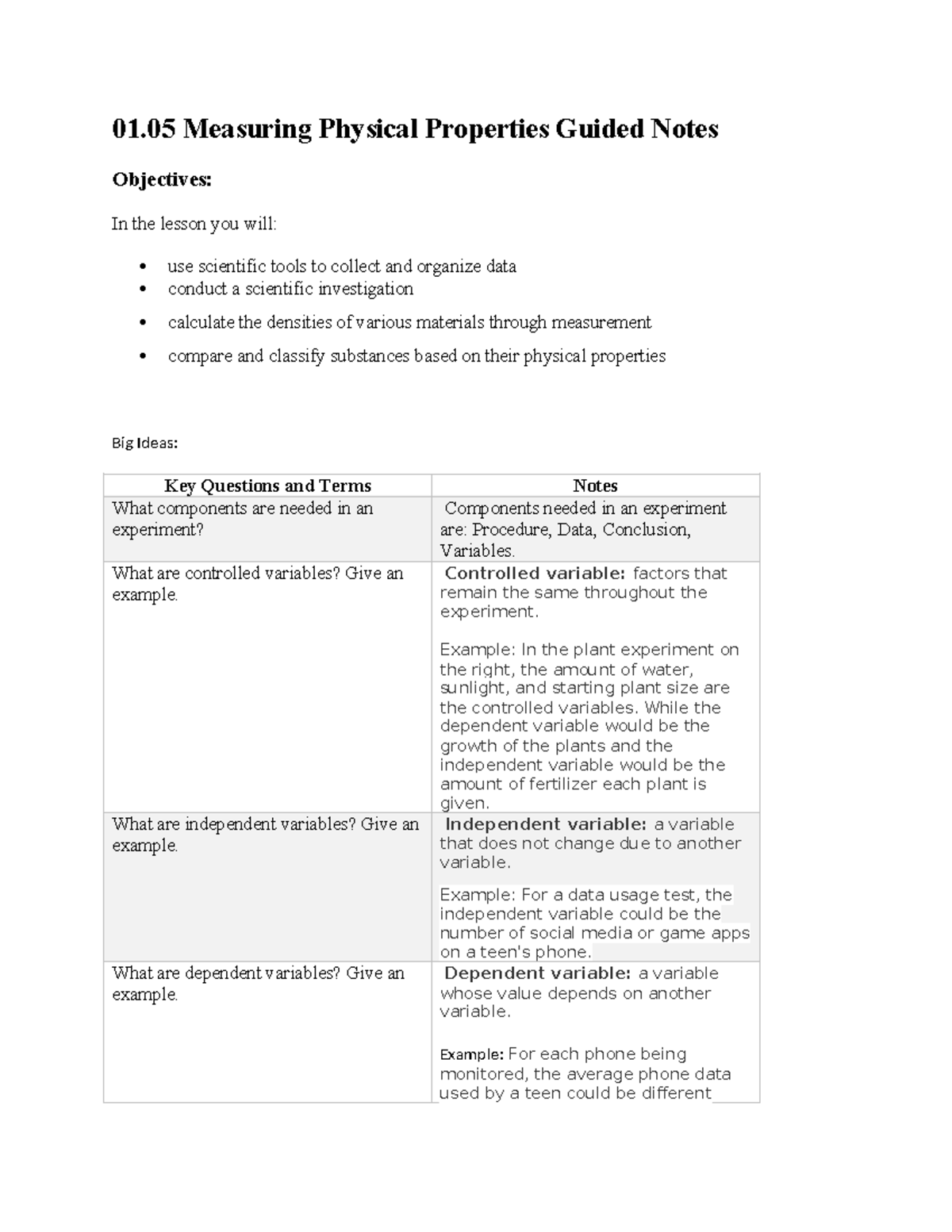 01.05 Measuring Physical Properties Guided Notes - 01 Measuring ...