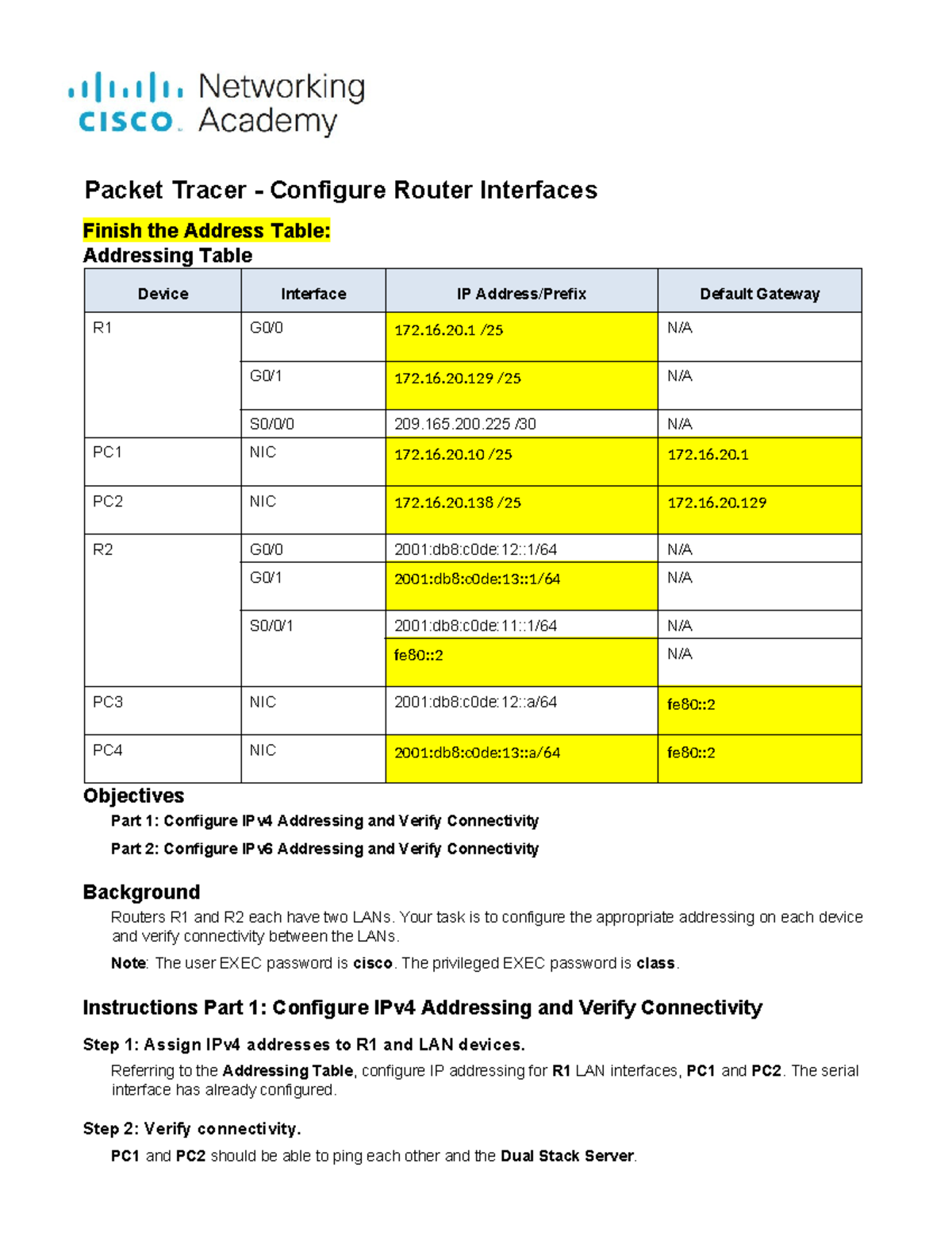 Packet Tracer Configure Router Interfaces Done Packet Tracer Configure Router Interfaces