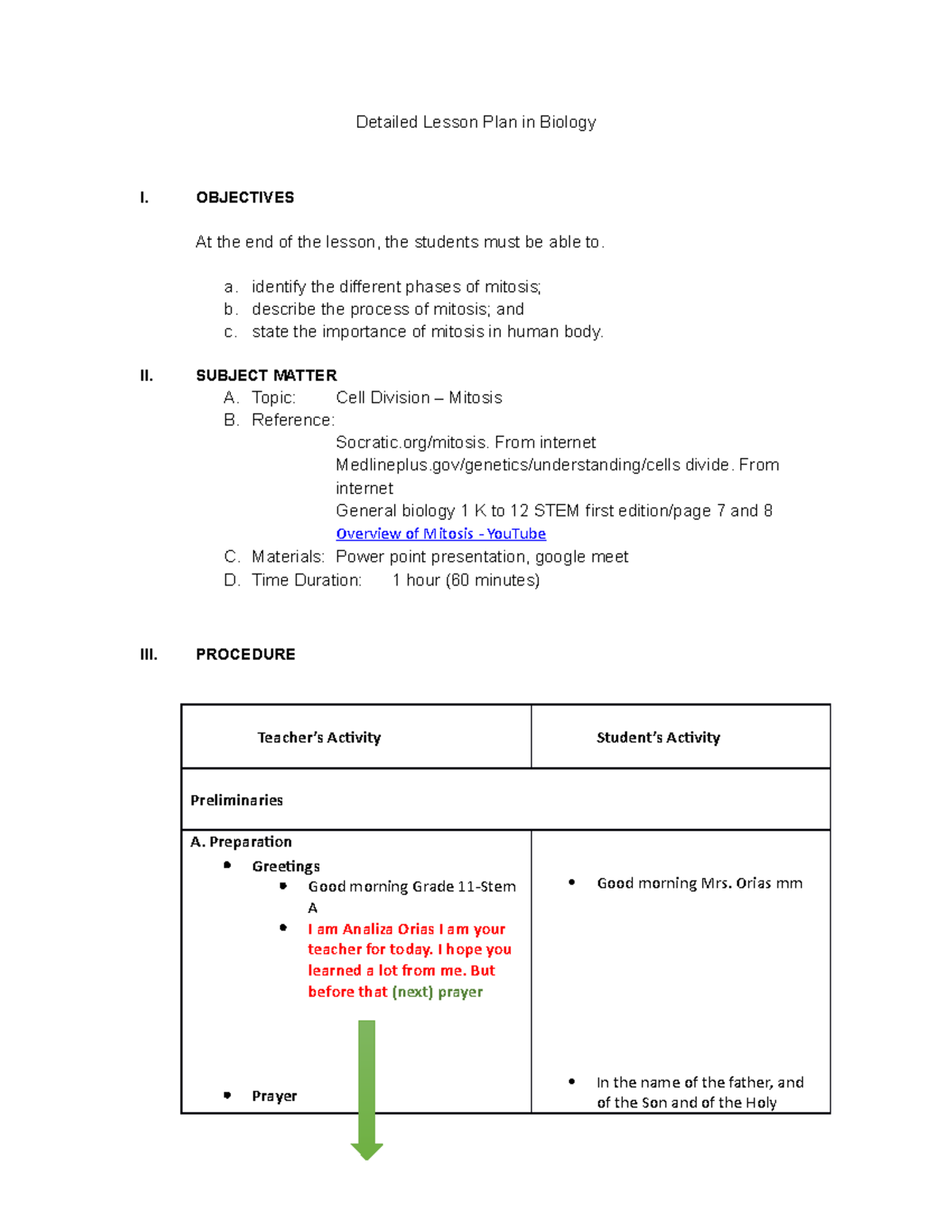 COPY OF Lesson PLAN FOR DEMO Teaching - Detailed Lesson Plan in Biology ...