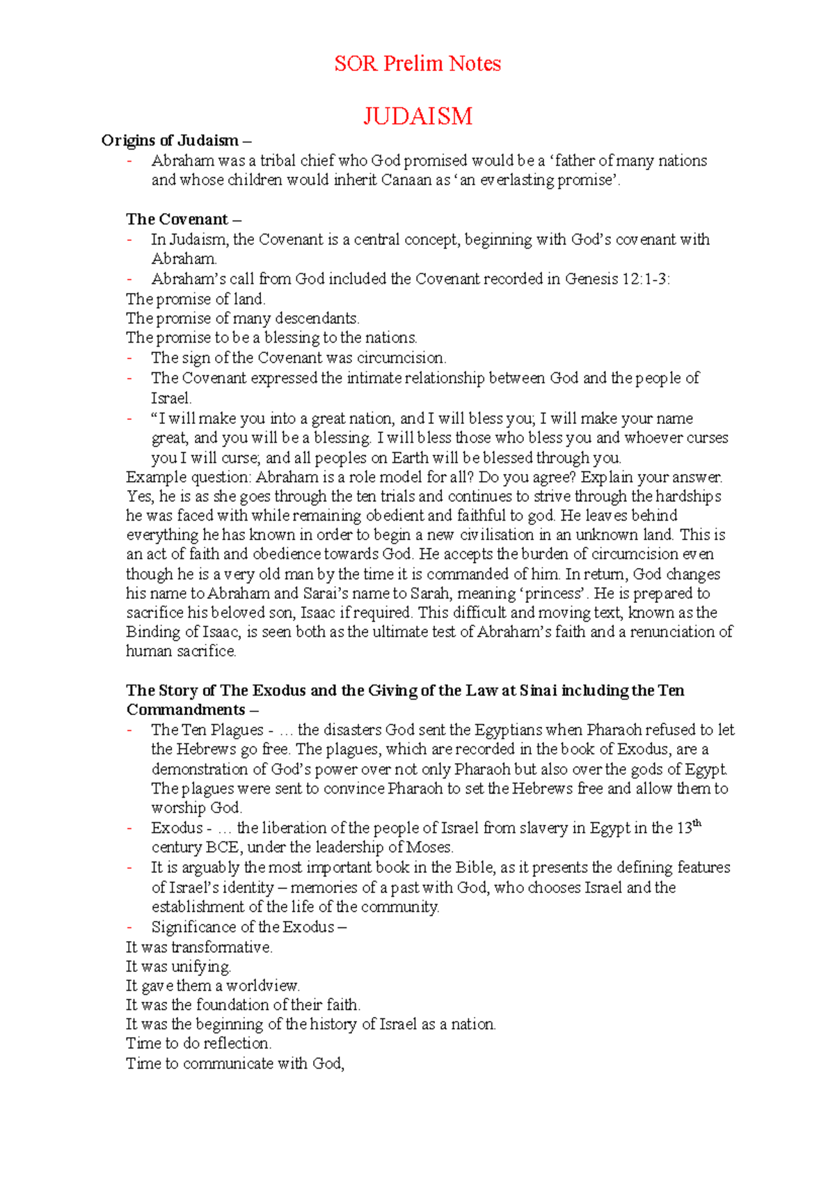 SOR Prelim Notes - JUDAISM Origins of Judaism – - Abraham was a tribal ...