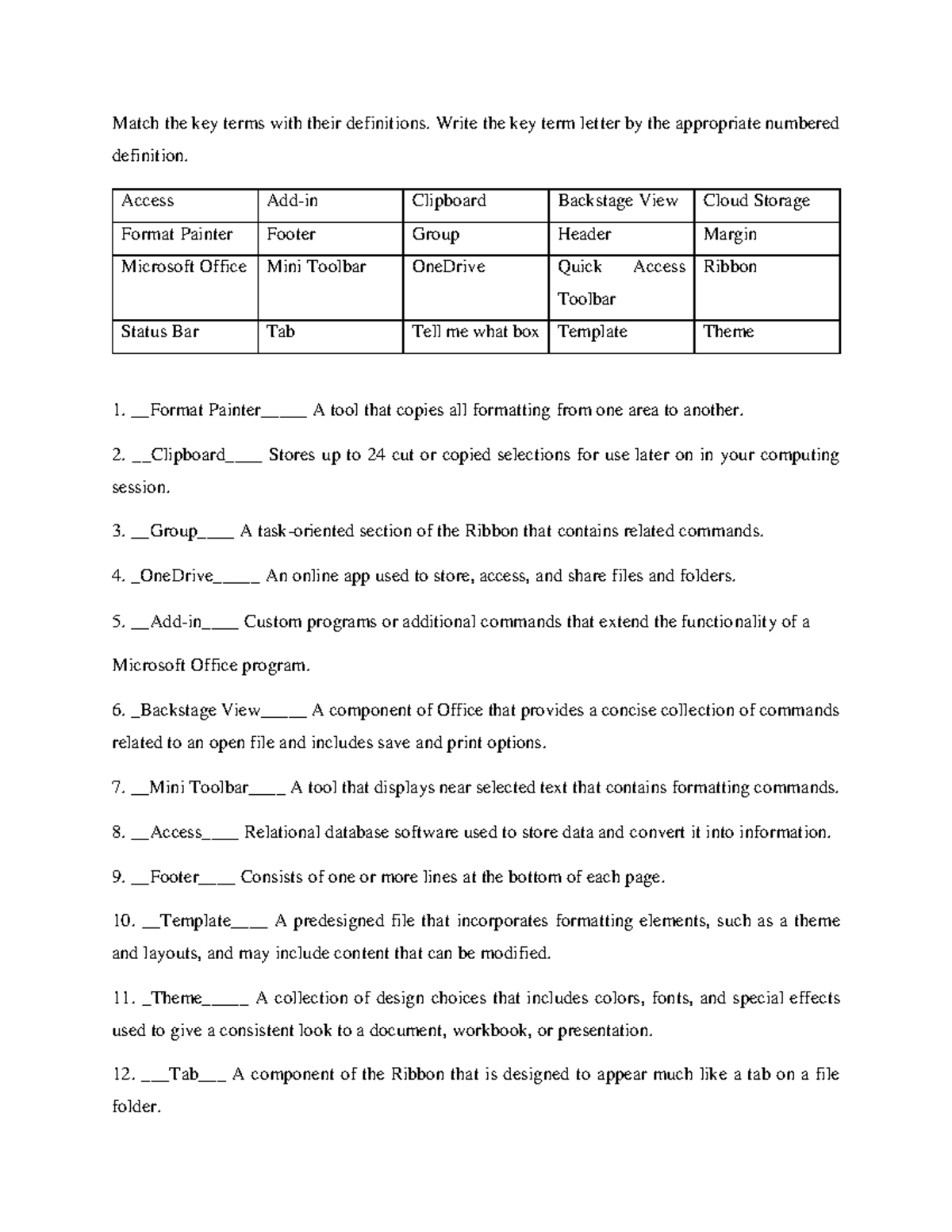 Match the key terms with their definitions - Write the key term letter ...