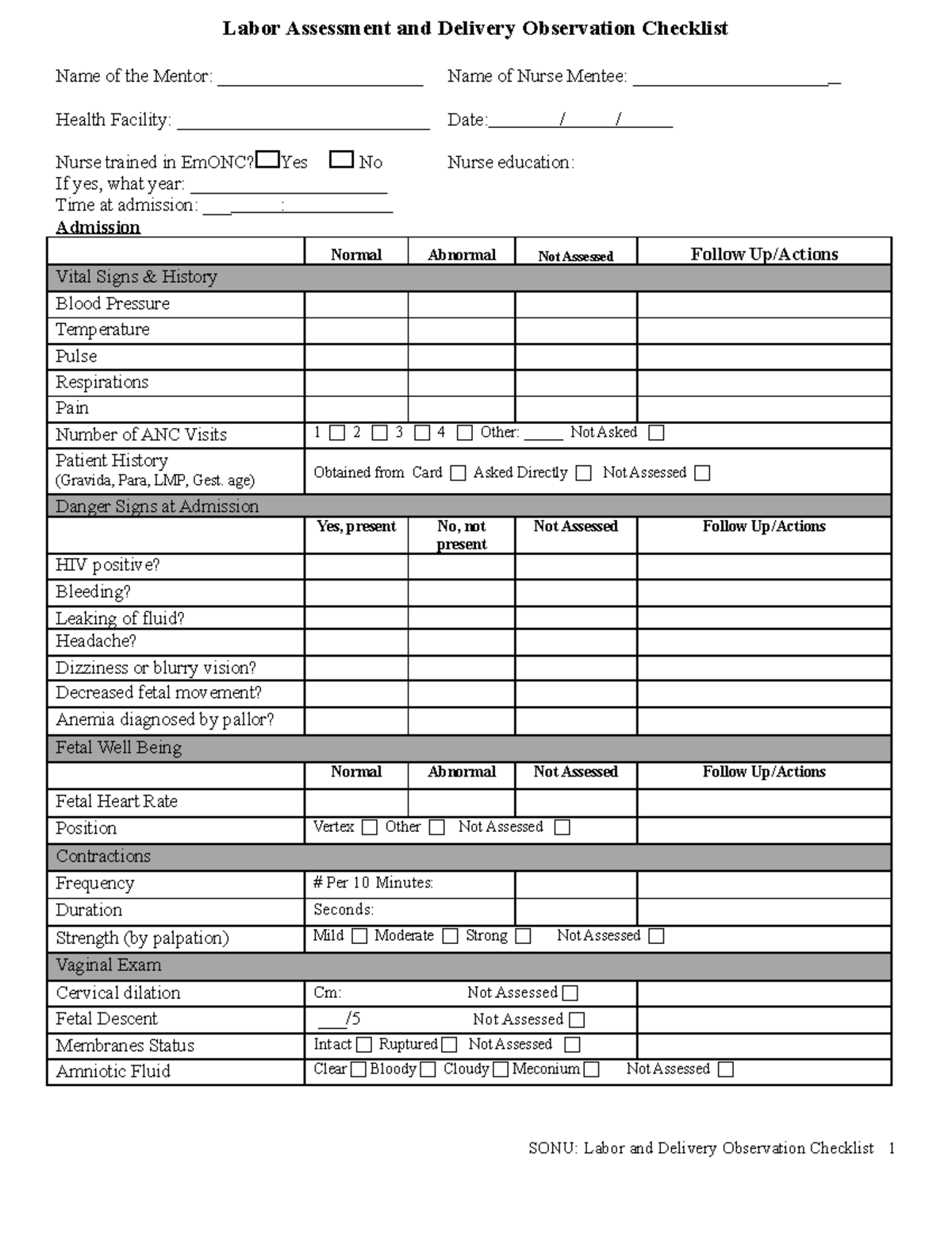 Mentor and LD Checklist - Labor Assessment and Delivery Observation ...