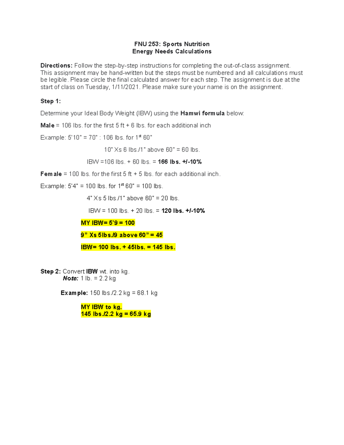 FNU 253 Energy Needs Calculation Assignment.Endurance Athlete.Winter ...