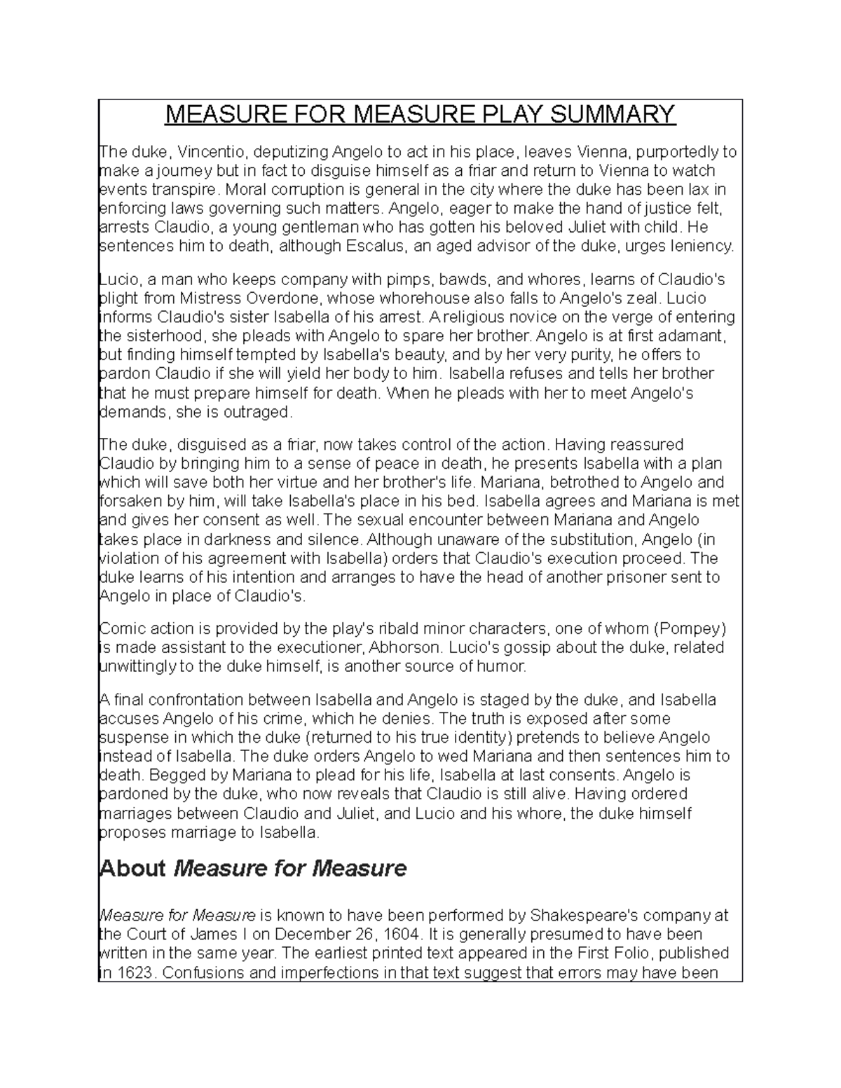 Measure FOR Measure PLAY Summary - MEASURE FOR MEASURE PLAY SUMMARY The ...