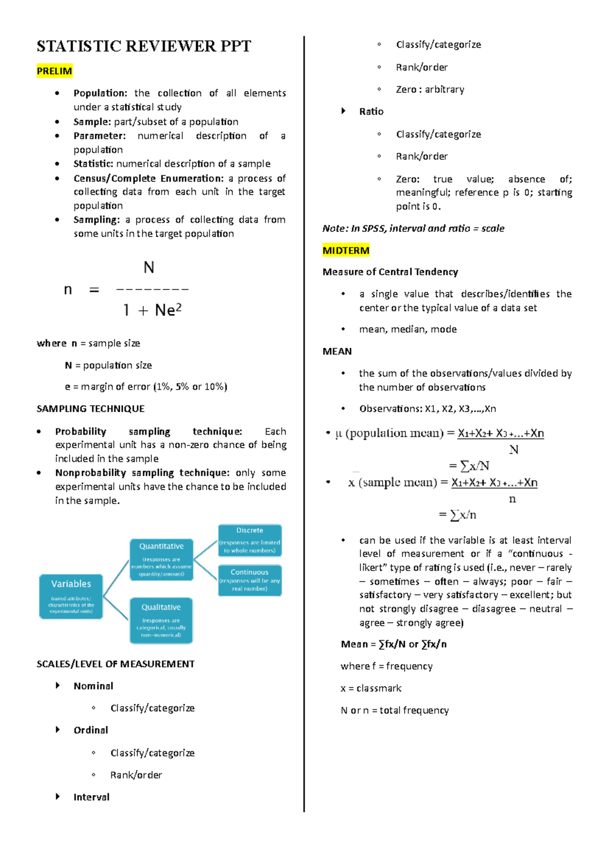 Statistics Reviewer for Midterms - STATISTIC REVIEWER PPT PRELIM Population: the collection of ...