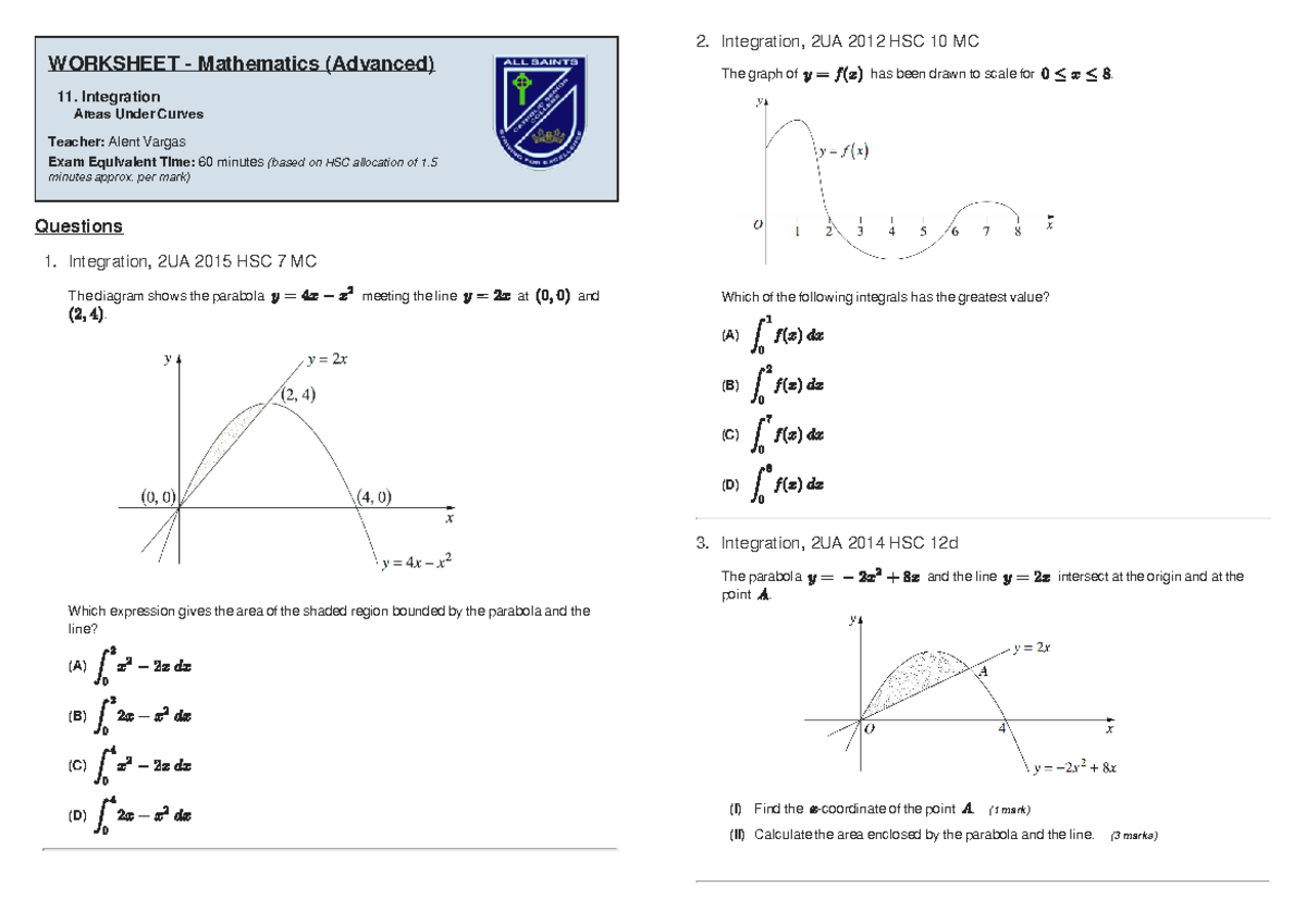 Integration- Area under a curve - 2. Integration, 2UA 2012 HSC 10 MC ...