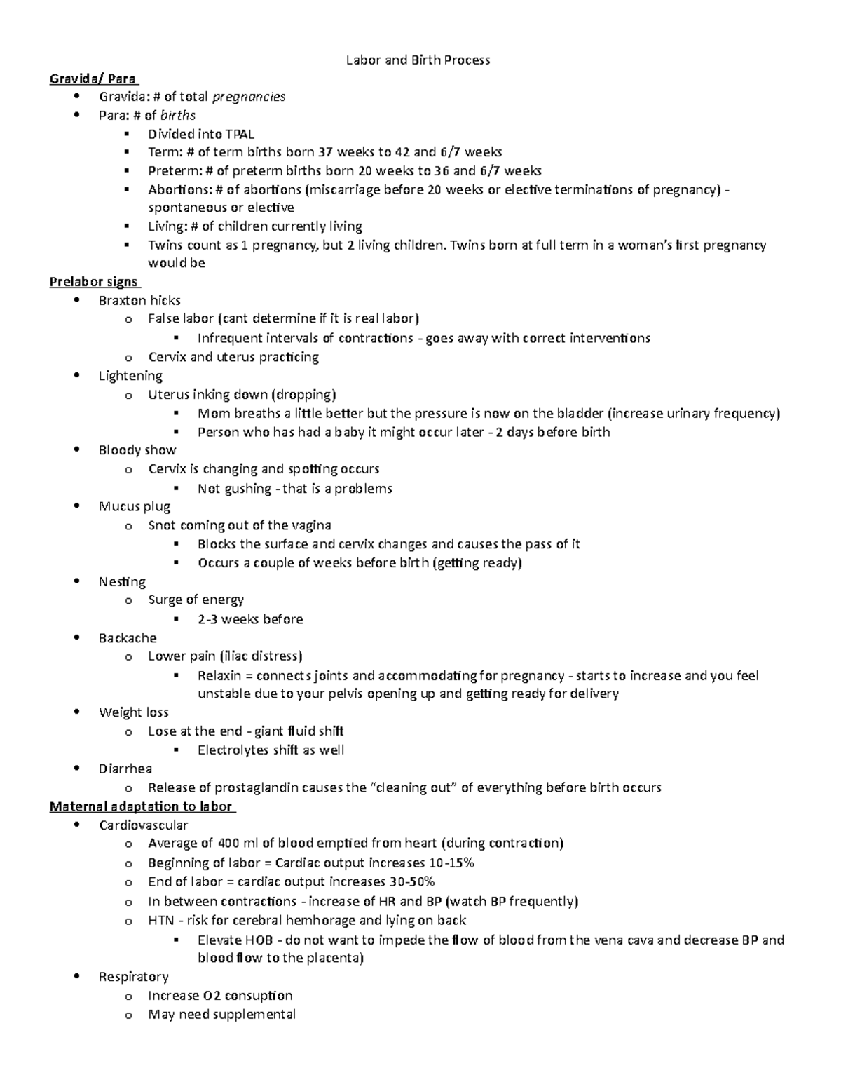 Labor and Birth Process review - Labor and Birth Process Gravida/ Para ...