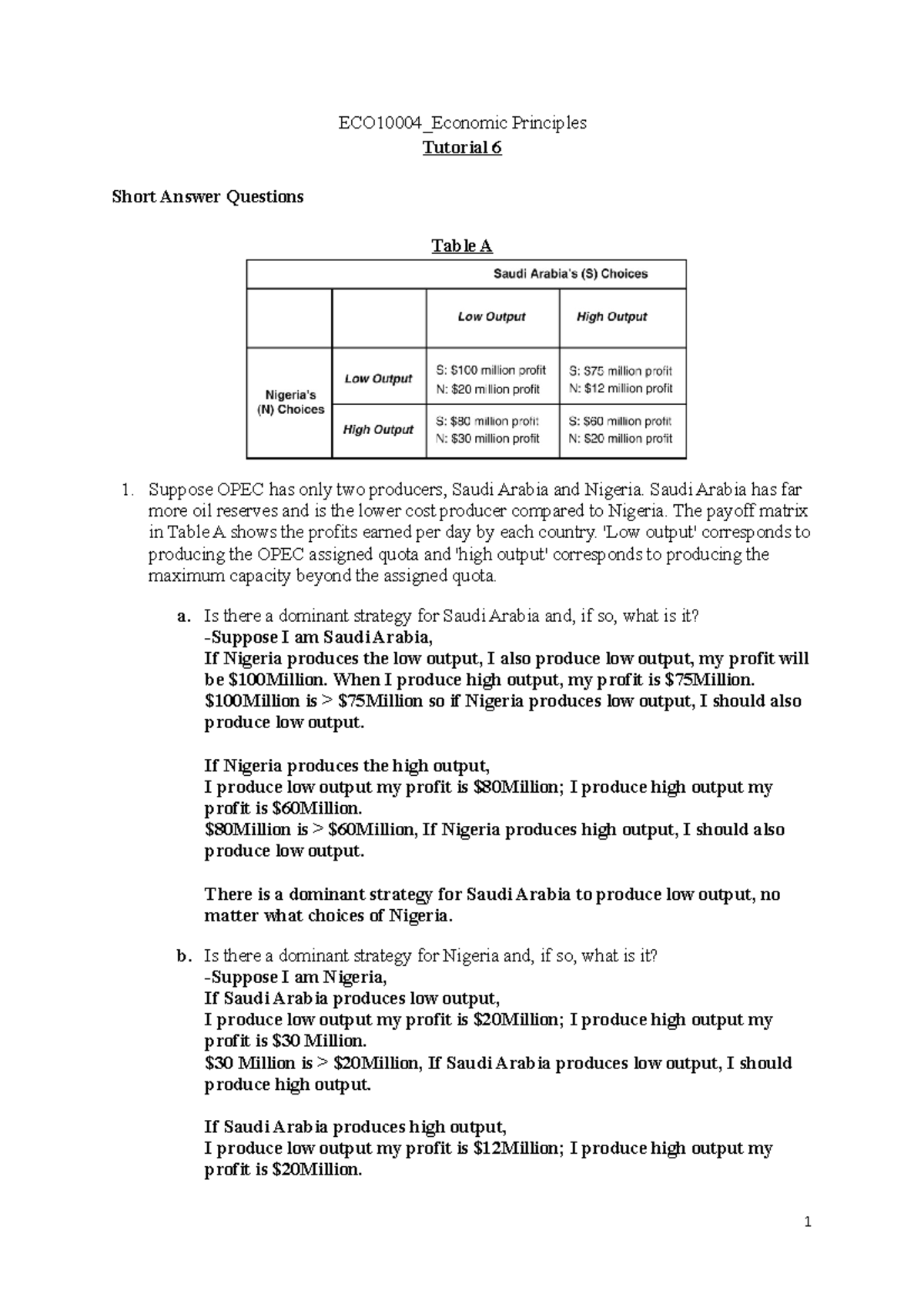 Tut 6 wk7 - week 7 - ECO10004_Economic Principles Tutorial 6 Short ...