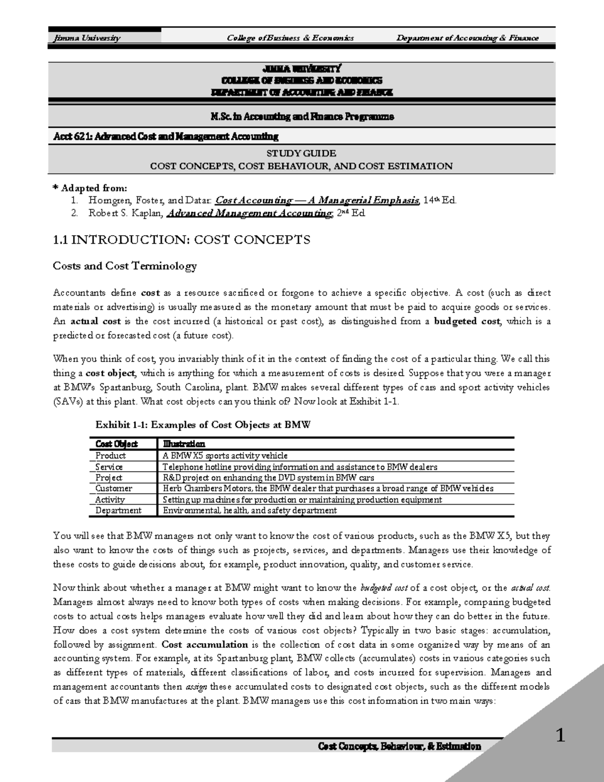 Cost Concepts, Behaviour, & Estimation Study Guide - 1 J Jiimmmmaa UUnniivveerrssiittyy - Studocu