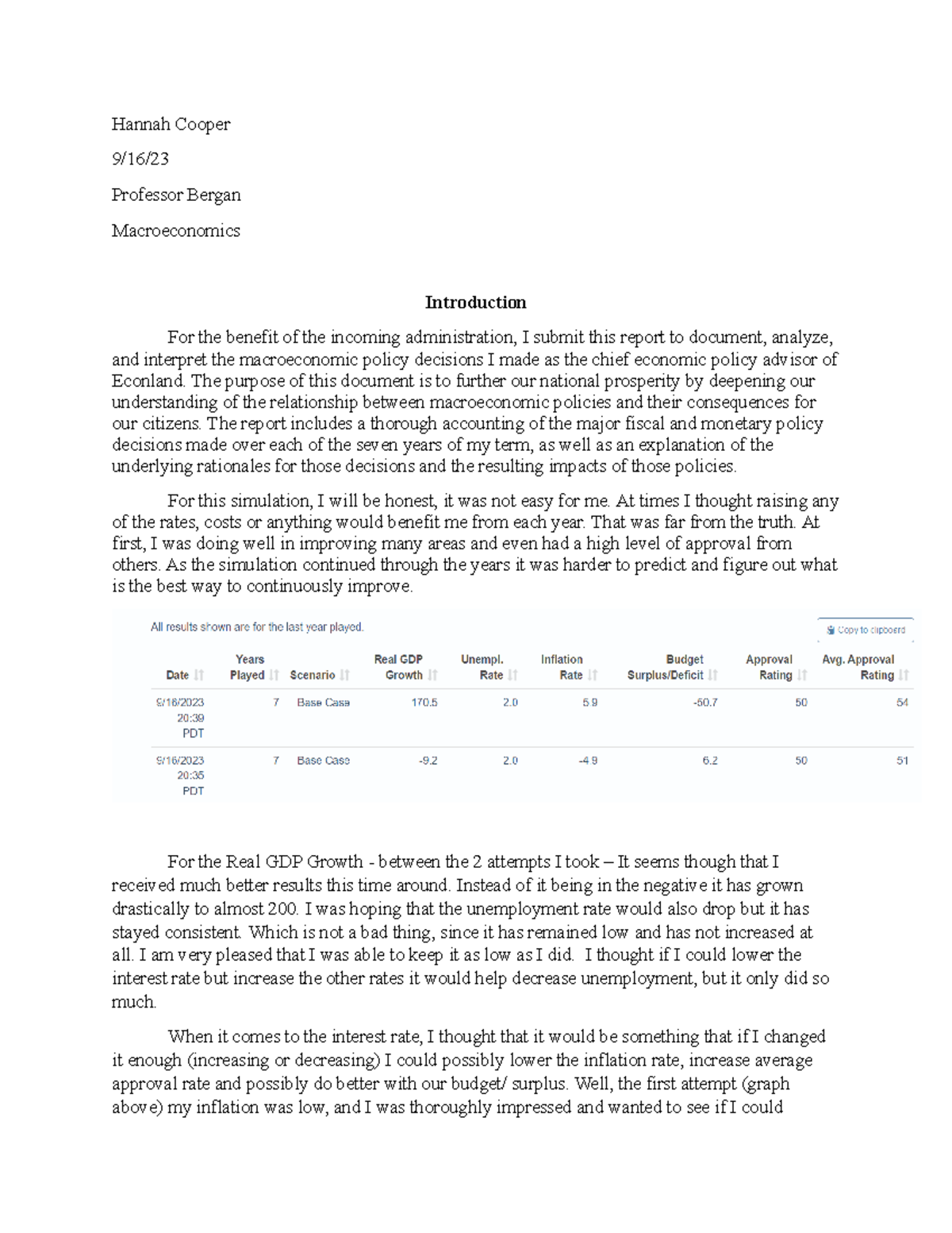 Eco 202 mod 3 simulation - Hannah Cooper 9/16/ Professor Bergan ...