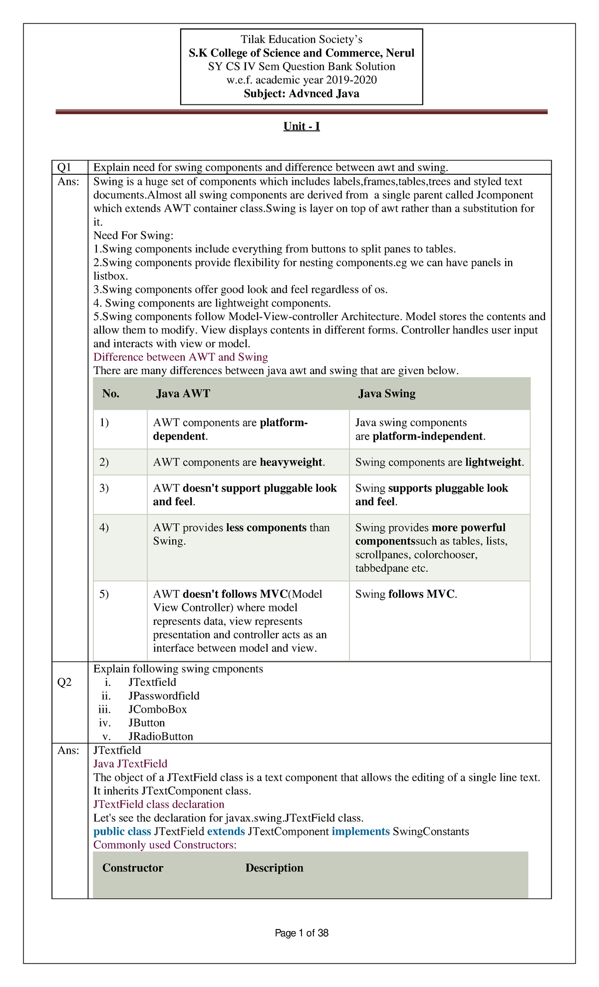 Ad Java updated QB1920 - Question Bank - S College of Science and ...
