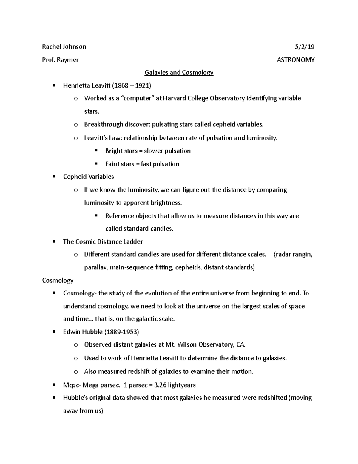 Astronomy 5/2/19- Galaxies and Cosmology - Rachel Johnson 5/2/ Prof ...