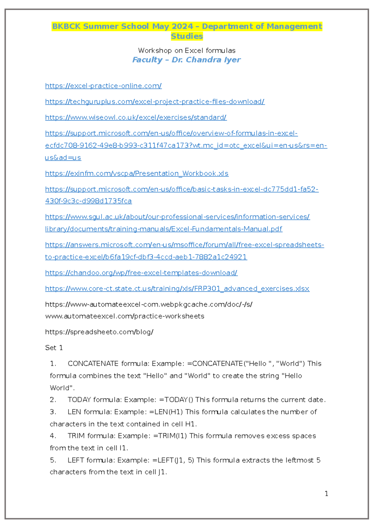 Excel formulas along with practice examples - Studies Workshop on Excel ...