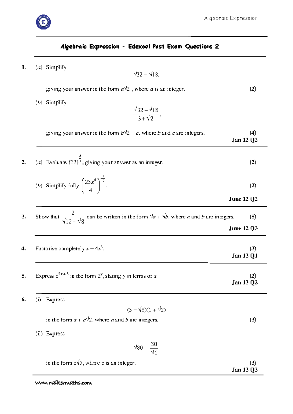 Algebraic-Expressions-2 - Algebraic Expression - Edexcel Past Exam Questions 2 (a) Simplify 32 ...