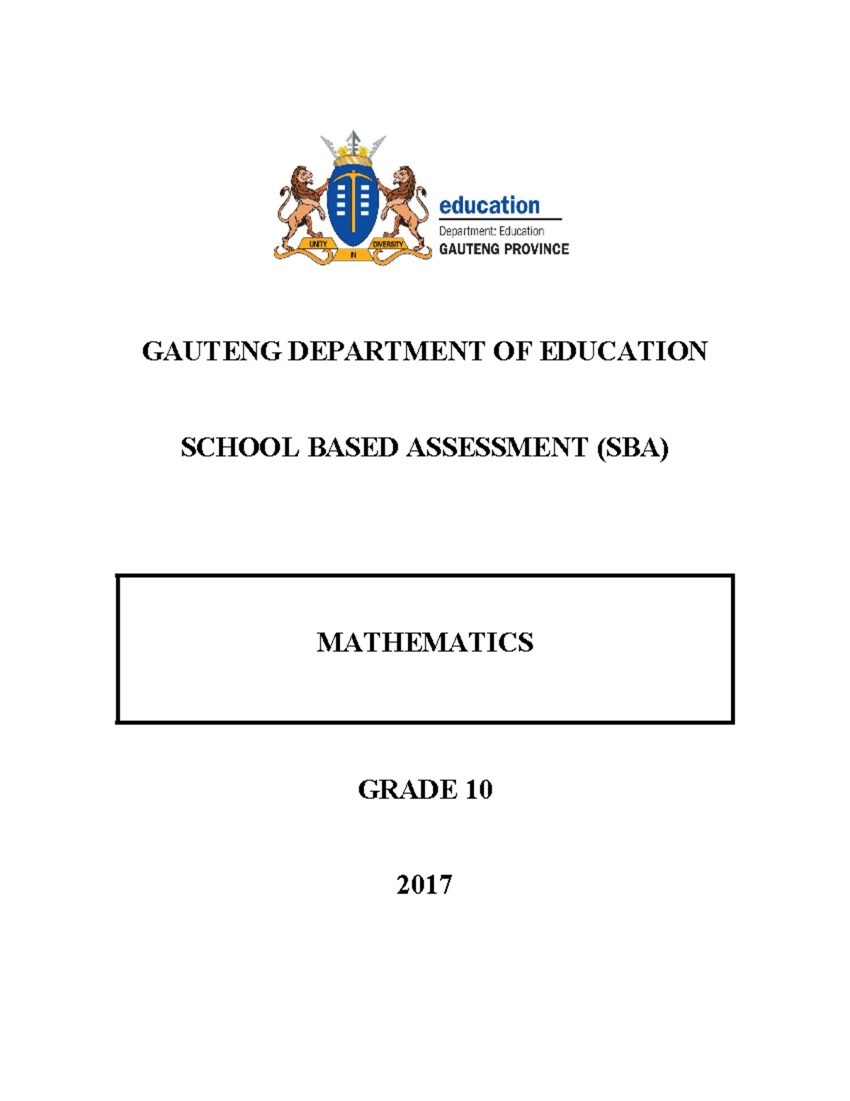 2017 Mathematics Grade 10 SBA - GAUTENG DEPARTMENT OF EDUCATION SCHOOL ...