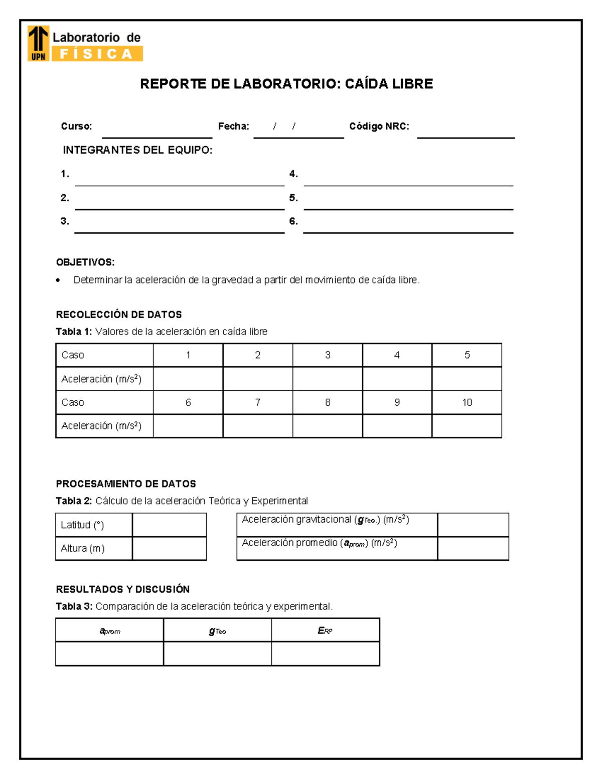 Reporte LAB FISI1 S03 CL 2024 - REPORTE DE LABORATORIO: CAÍDA LIBRE Curso: Fecha: / / Código NRC ...