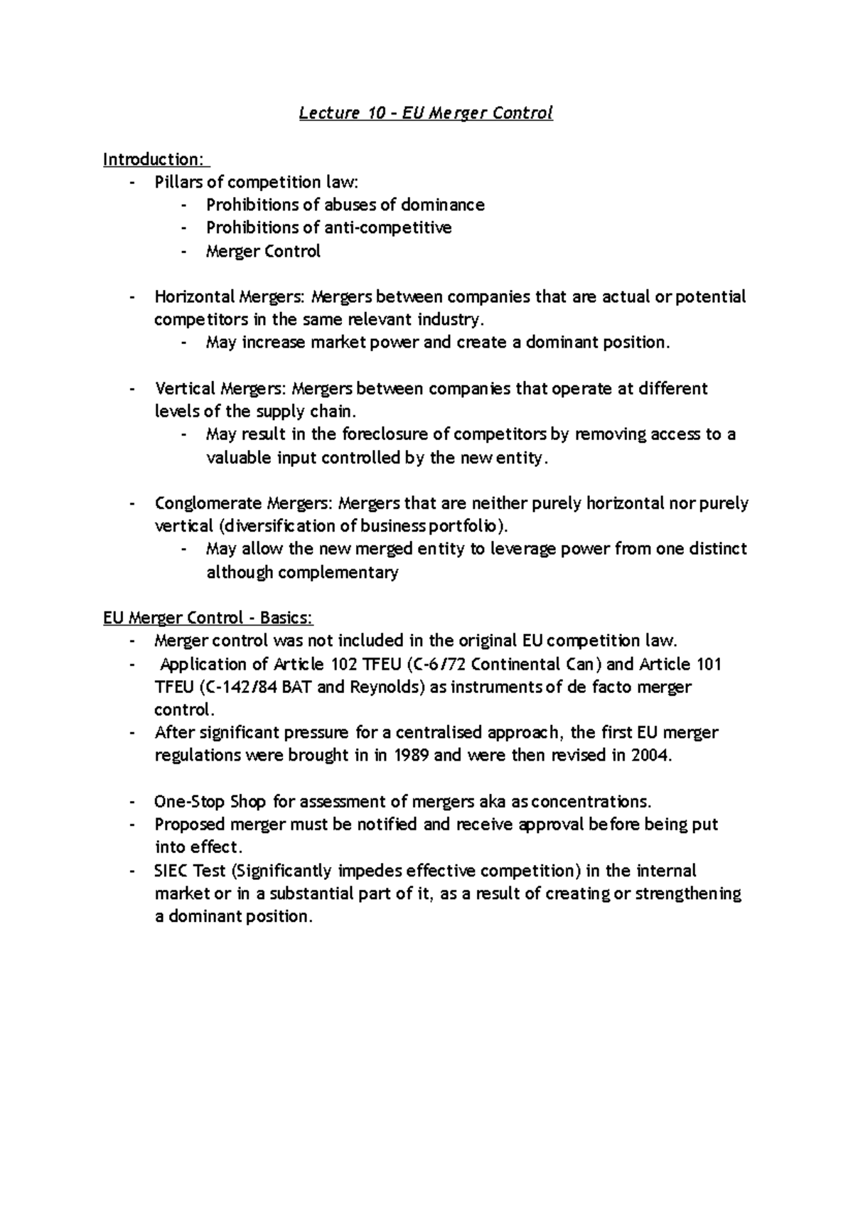 Lecture 10 - EU Merger Control - Lecture 10 - EU Merger Control ...