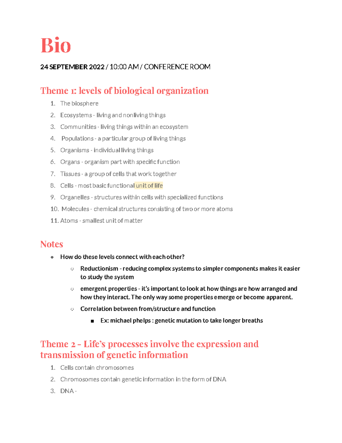 Bio notes - Gen Bio I - Bio 24 SEPTEMBER 2022 / 10:00 AM / CONFERENCE ...