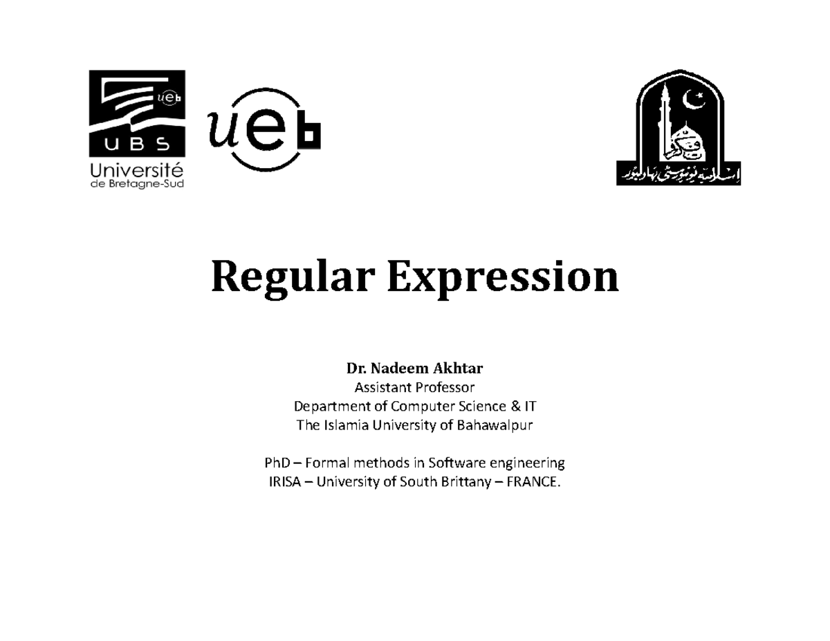 Automata Regular Expression - Warning: TT: undefined function: 22 Regular Expression Dr. Nadeem ...