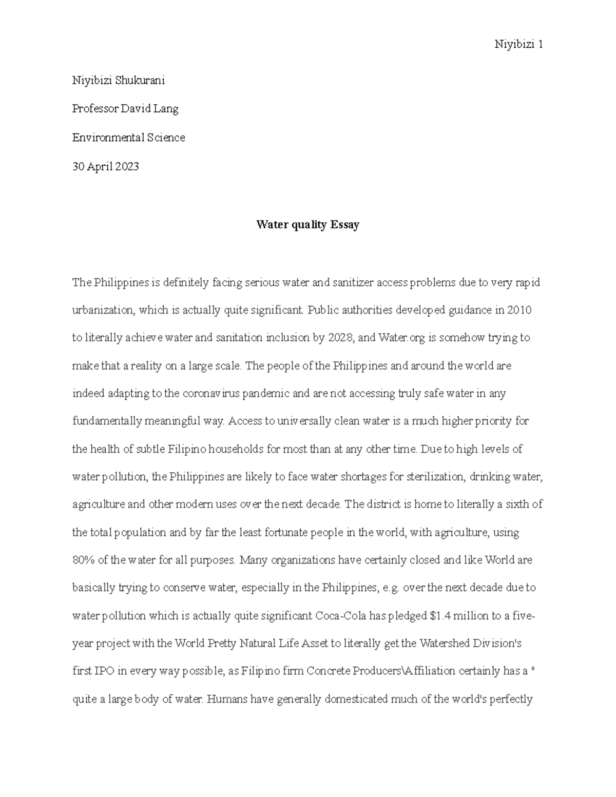 Water quality essay 2 - N/A - Niyibizi Shukurani Professor David Lang ...