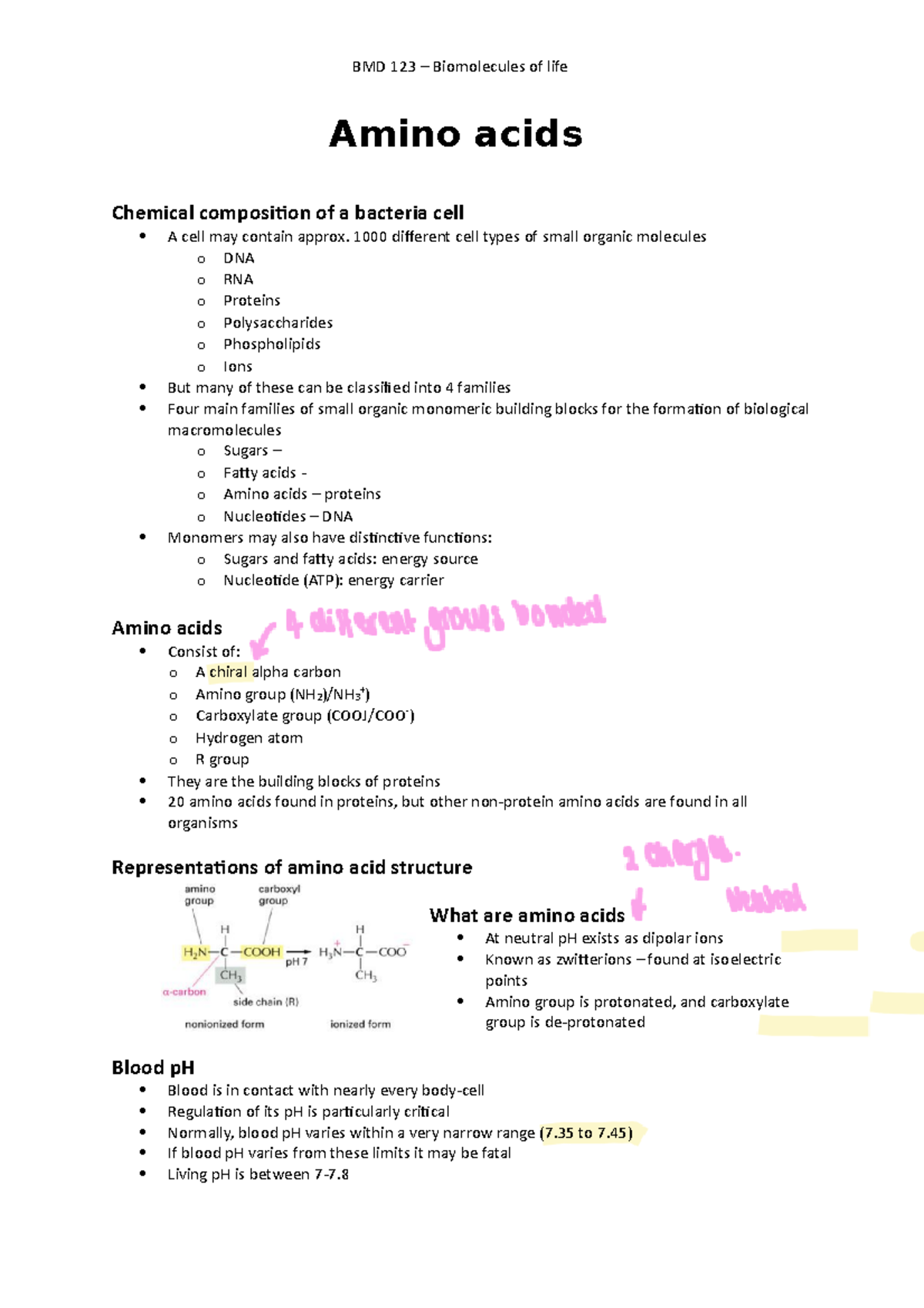 08.01.19 - Amino acids - Lecture notes 1 - Amino acids Chemical ...
