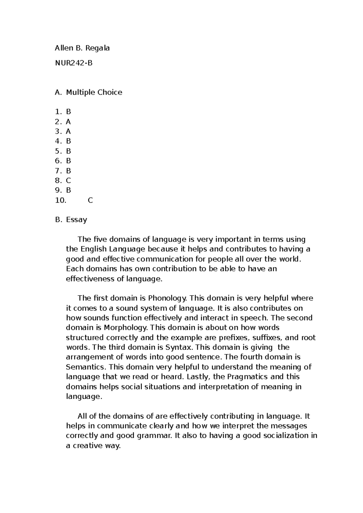 DOCS - Yewh - Allen B. Regala NUR242-B A. Multiple Choice B A A B B B B ...