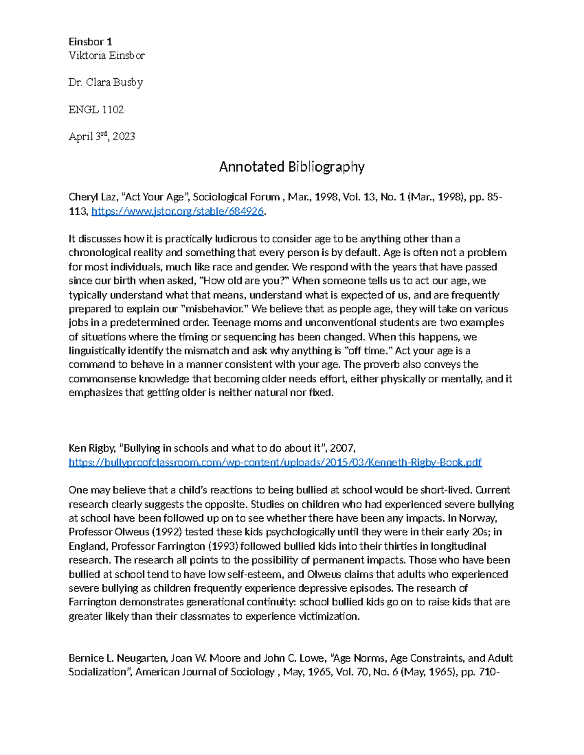 Annotated Bibliography - Einsbor 1 Viktoria Einsbor Dr. Clara Busby ...